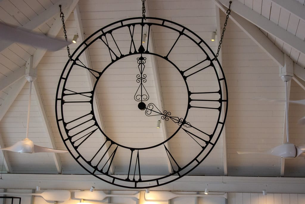 Stylish Analog Clock Hanging from the Roof Photo | Download free images ...